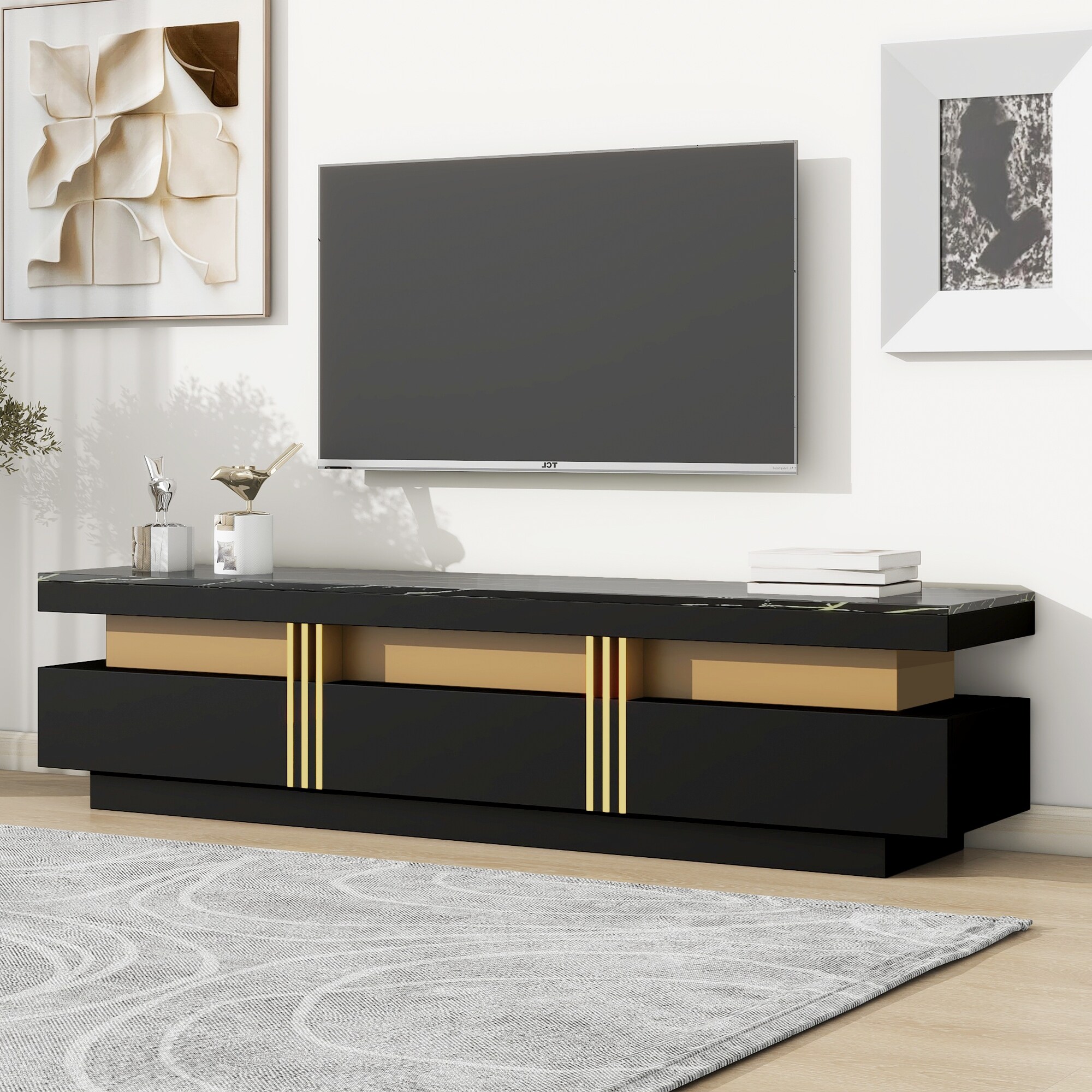 TV Stand Faux Marble Top TV Console Table with Drawers Black Gold 68.80 x 14.90 x 16.50